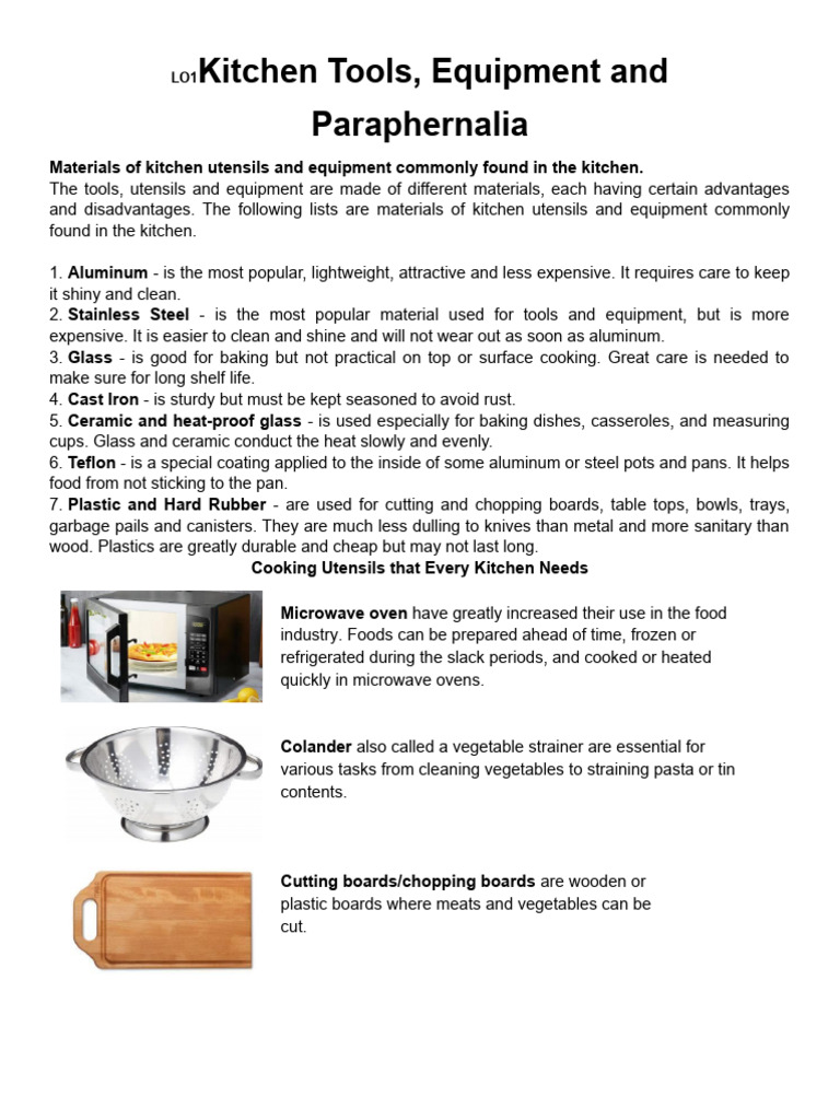 Cookery 7 - Handouts | PDF | Kitchen Utensil | Disinfectant