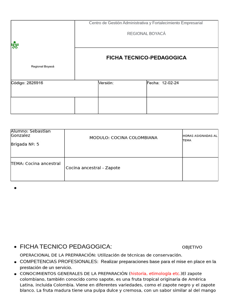 Ficha Técnica Zapote | PDF | Colombia | Comida y bebida