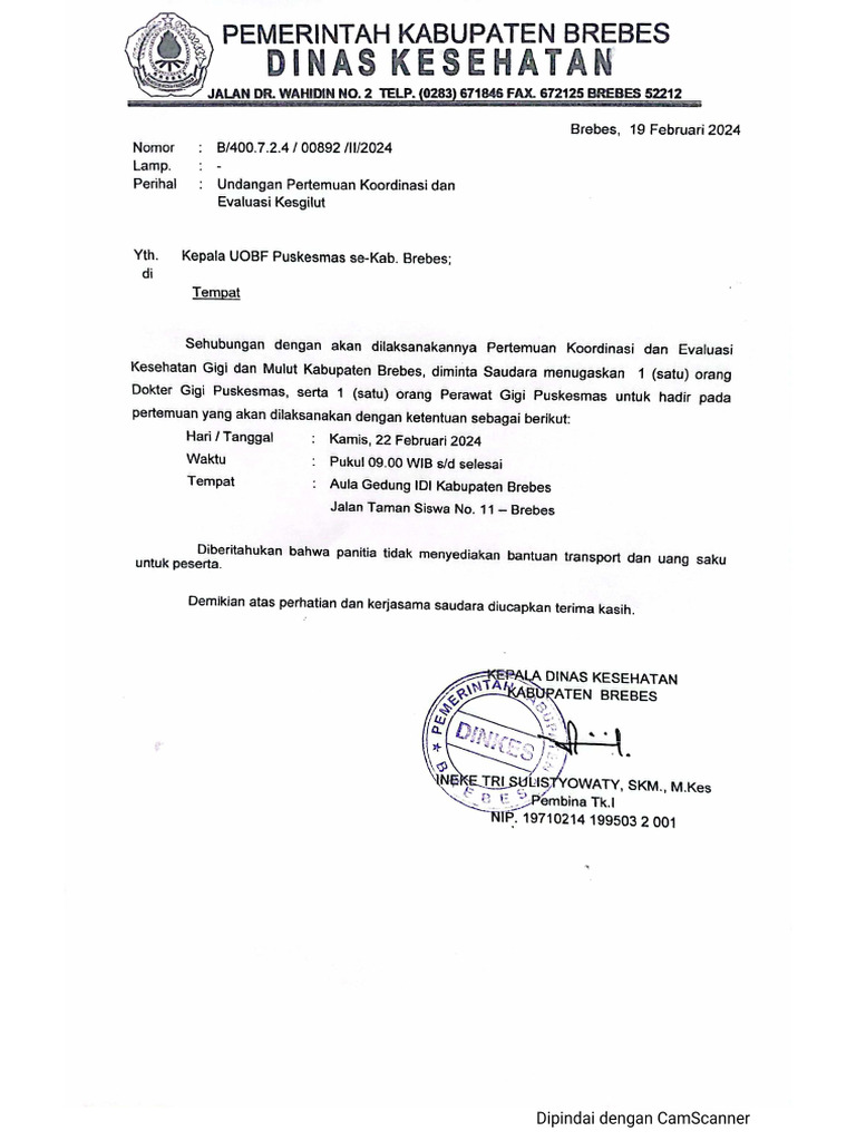 Surat Undangan Pertemuan Koordinasi Dan Evaluasi Kesgilut 2024 | PDF