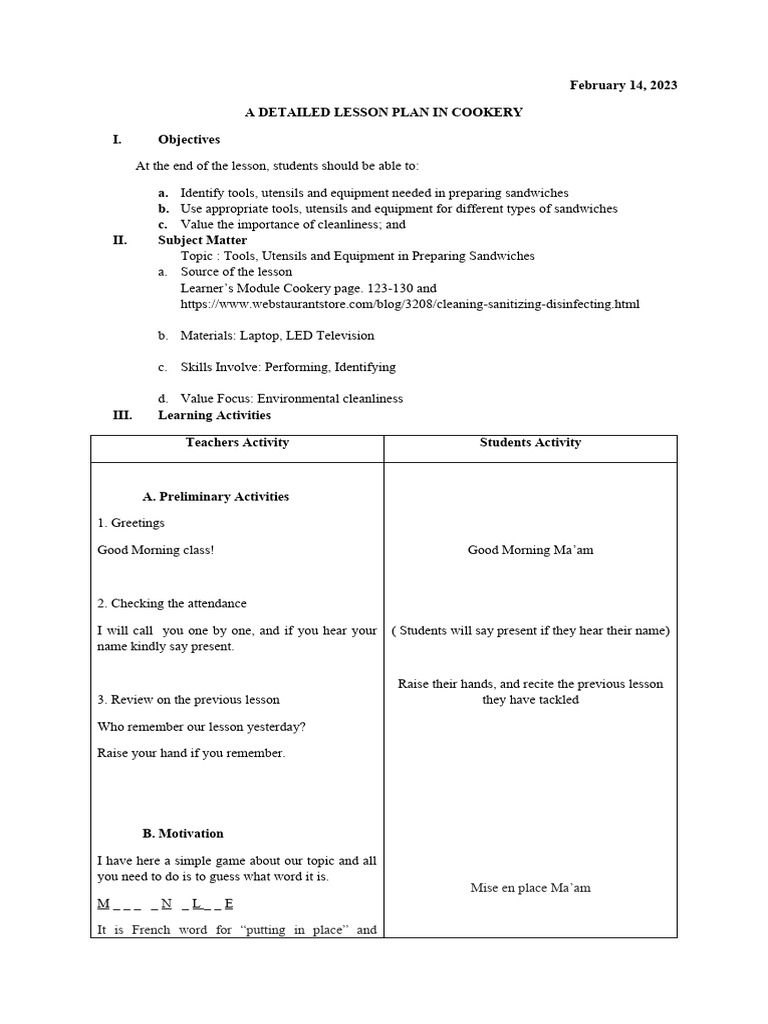 A Detailed Lesson Plan Cookery | PDF | Knife | Blade