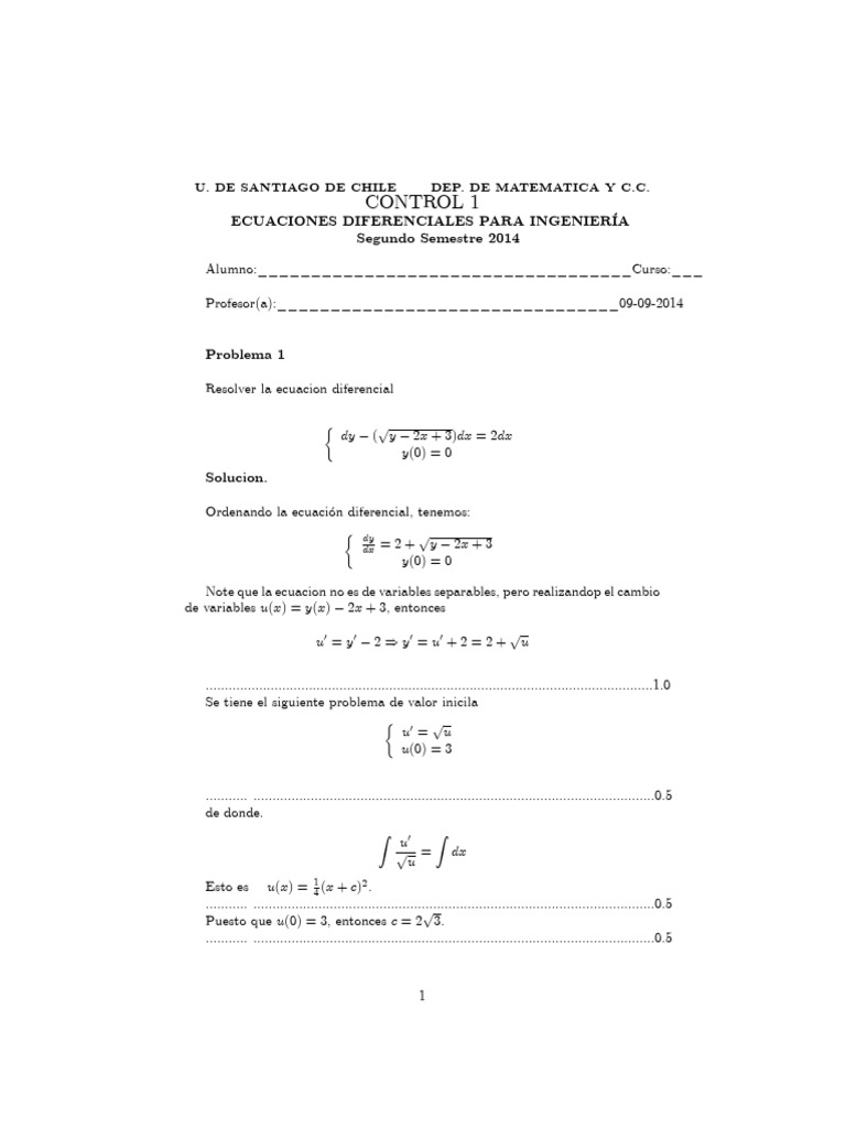 Control 1 - Ecuaciones Diferenciales (2014-2) | PDF | Ecuaciones | Ecuaciones diferenciales