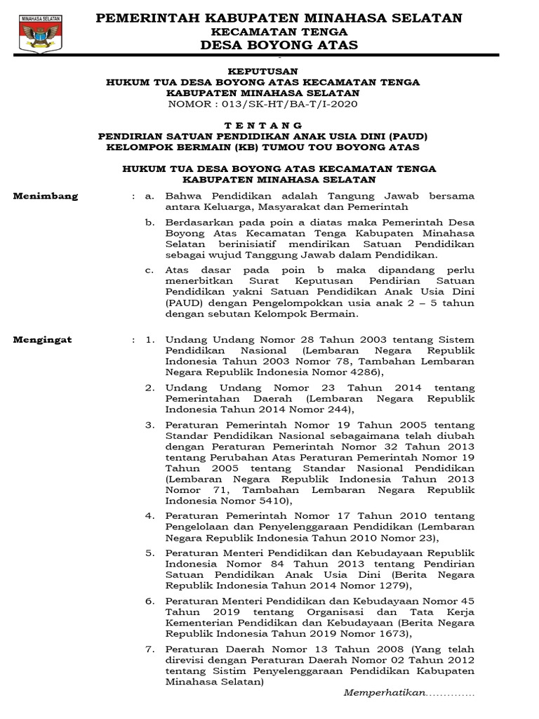 Dokumenpendirian Paud Boyong Atas | PDF