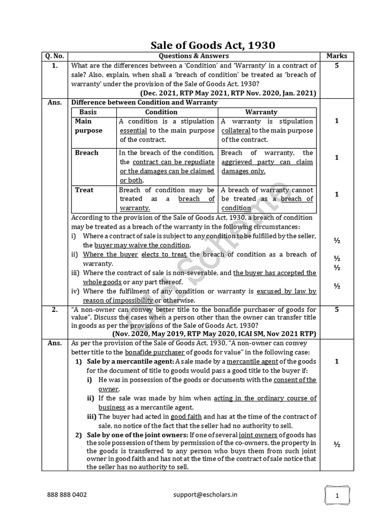 Sales of Good Act Previous Year Questions | Download Free PDF | Breach ...