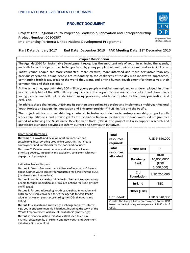 BRH Youth Unit RYPLIE ProDoc Final | PDF | Entrepreneurship | Social Entrepreneurship