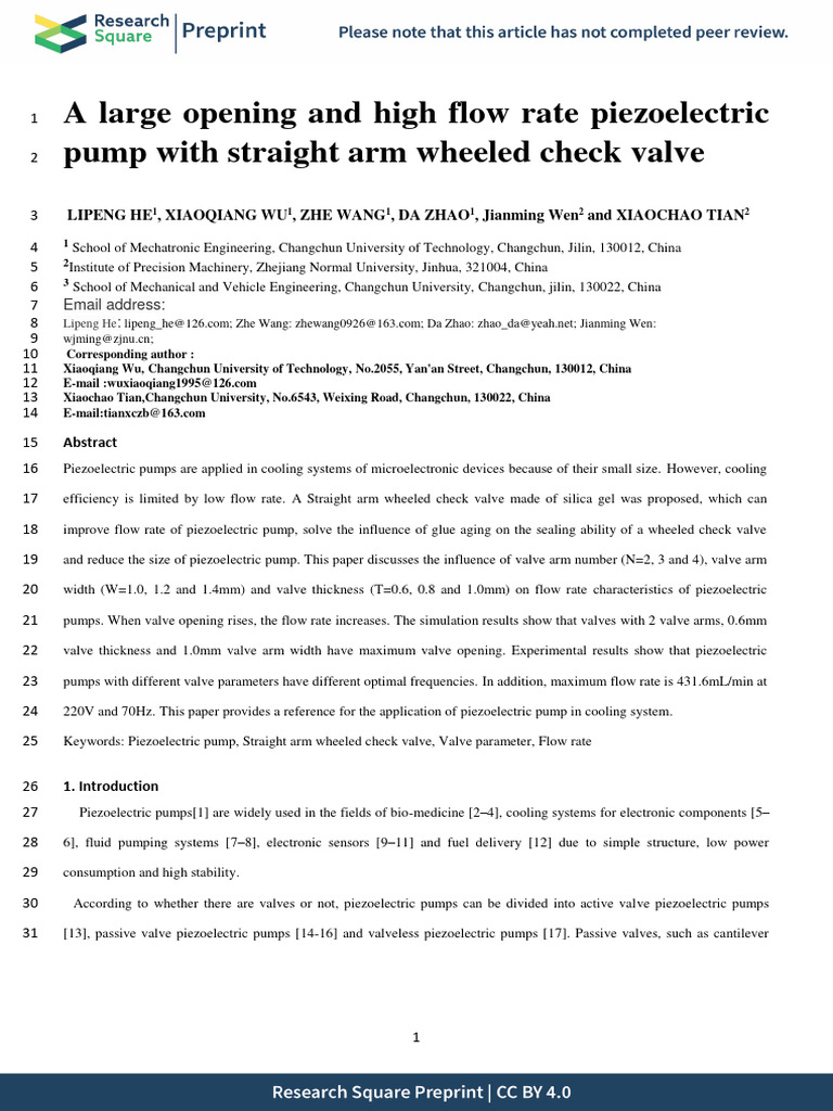 A Large Opening and High Flow Rate Piezoelectric Pump With Straight Arm ...