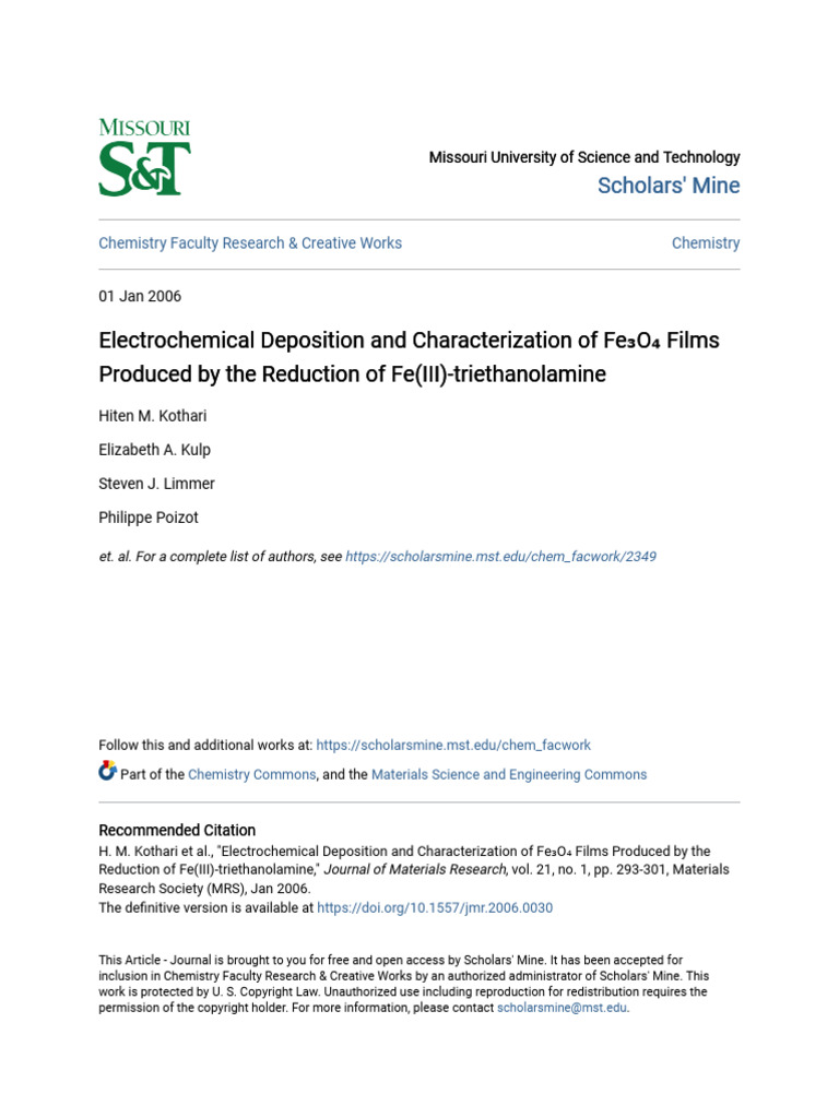 2005 Electrochemical Deposition and Characterization of Fe3O4 Films ...