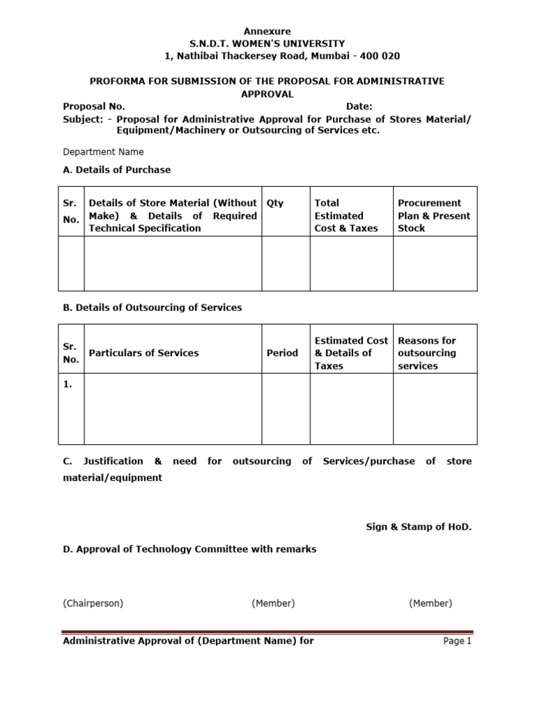 Proforma For Submission of The Proposal For Administrative Approval | PDF