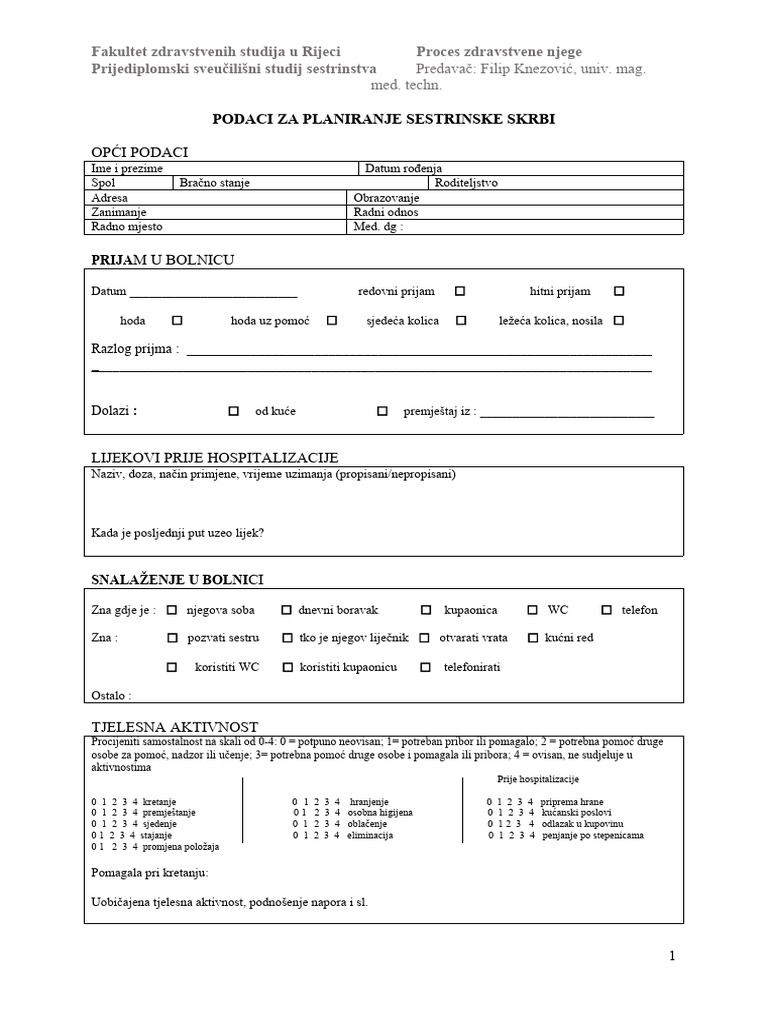 Podaci Za Planiranje Sestrinske Skrbi 5 Str. | PDF