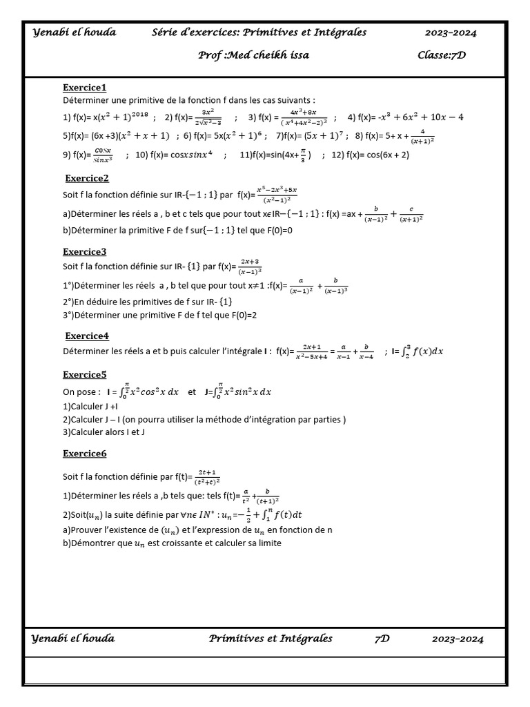 Exercices sur Primitives et Intégrales | PDF | Intégral | Algèbre