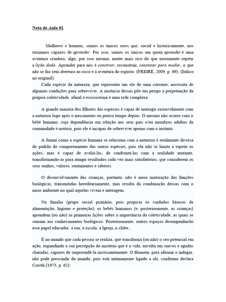 Nota de Aula 1 e Atividade | PDF | Aprendizado | Humano