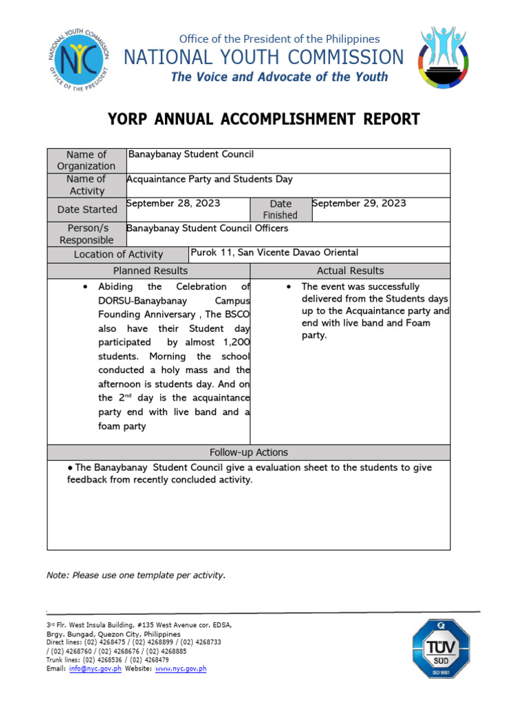 BSC Yorp Accomplishment Report | PDF