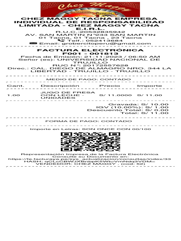 F001-1813 Factura Pizza Tacna | PDF