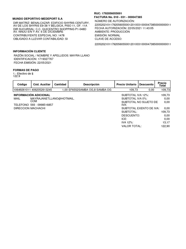 RUC: 1792056055001 FACTURA No. 010 - 031 - 000047385 | PDF