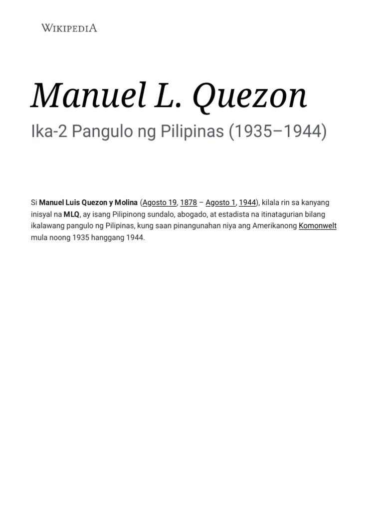 Manuel L. Quezon - Wikipedia, Ang Malayang Ensiklopedya | PDF ...