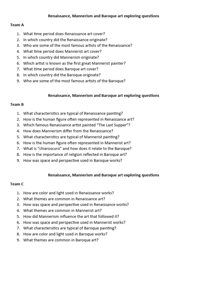 Renaissance, Mannerism, Barroco Art Questions | PDF