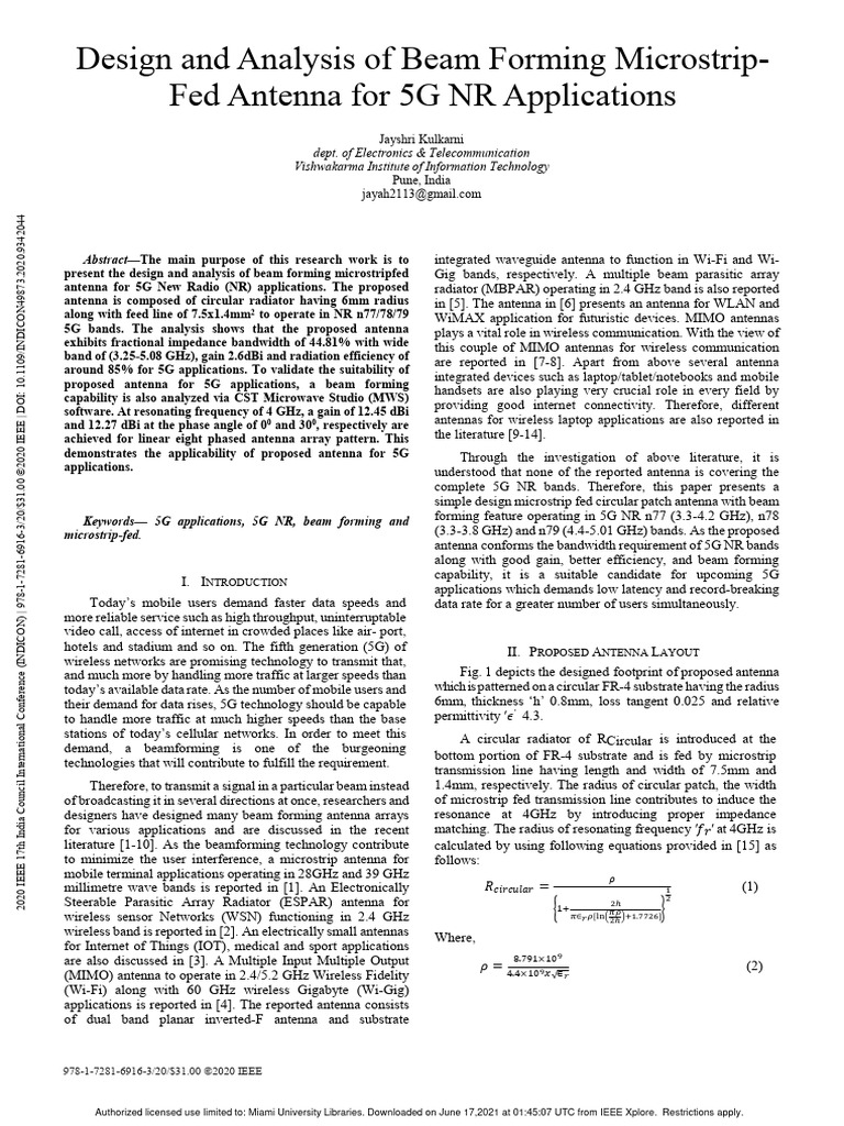 Design and Analysis of Beam Forming Microstrip Fed Antenna For 5G NR ...