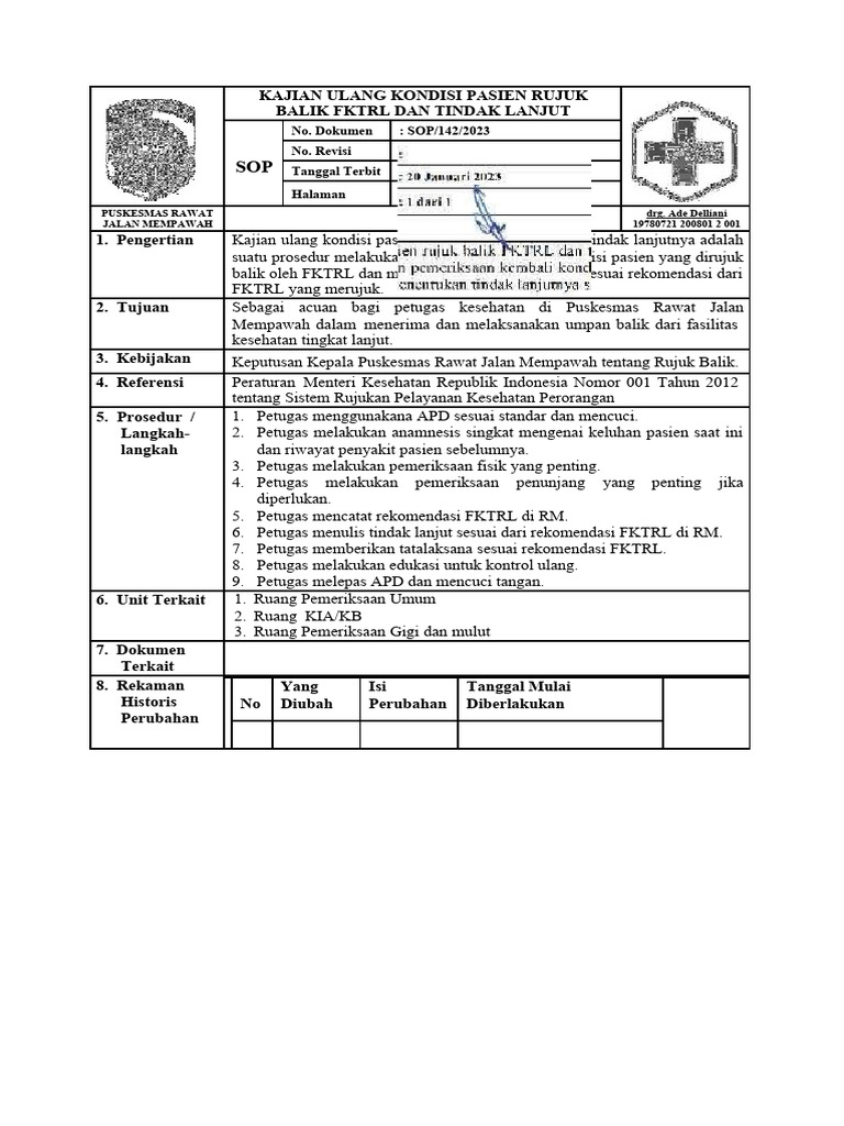 Sop Kajian Ulang Kondisi Pasien Rujuk Balik FKRTL Dan Tindak Lanjut | PDF