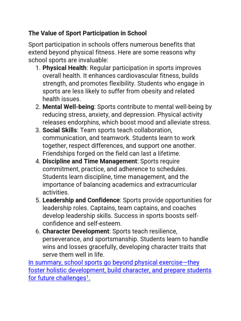 The Value of Sport Participation in School | PDF