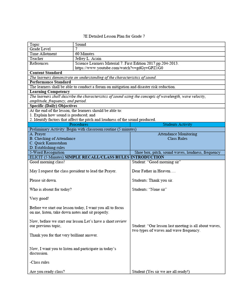 7E Detailed Lesson Plan For Sound Grade 7 | PDF | Sound | Waves