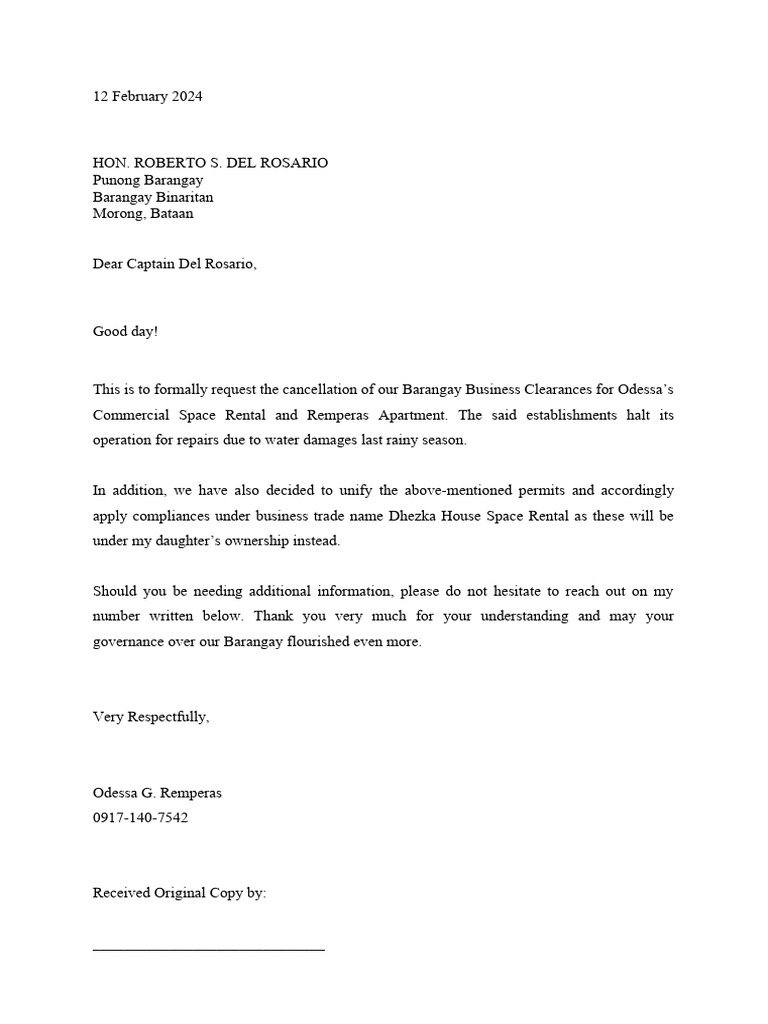 Request for Business Clearance Cancellation | PDF | Private Law