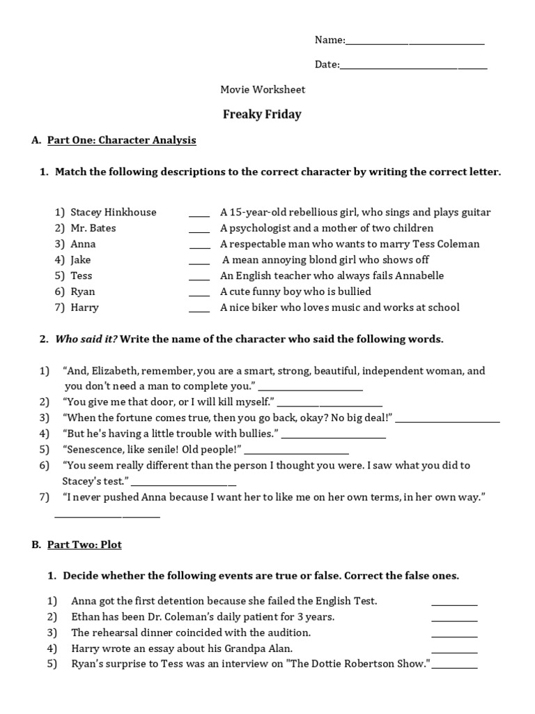 Freaky Friday Movie Worksheet Guide | PDF