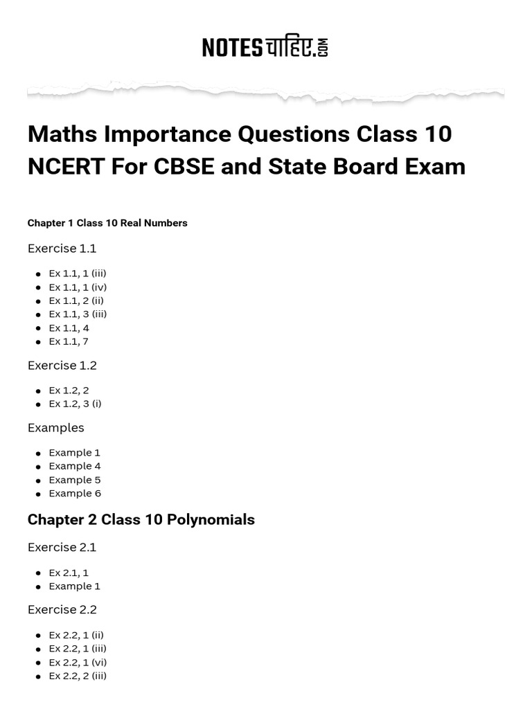 Maths Importance Question NCERT Exercise | PDF | Equations | Elementary Mathematics