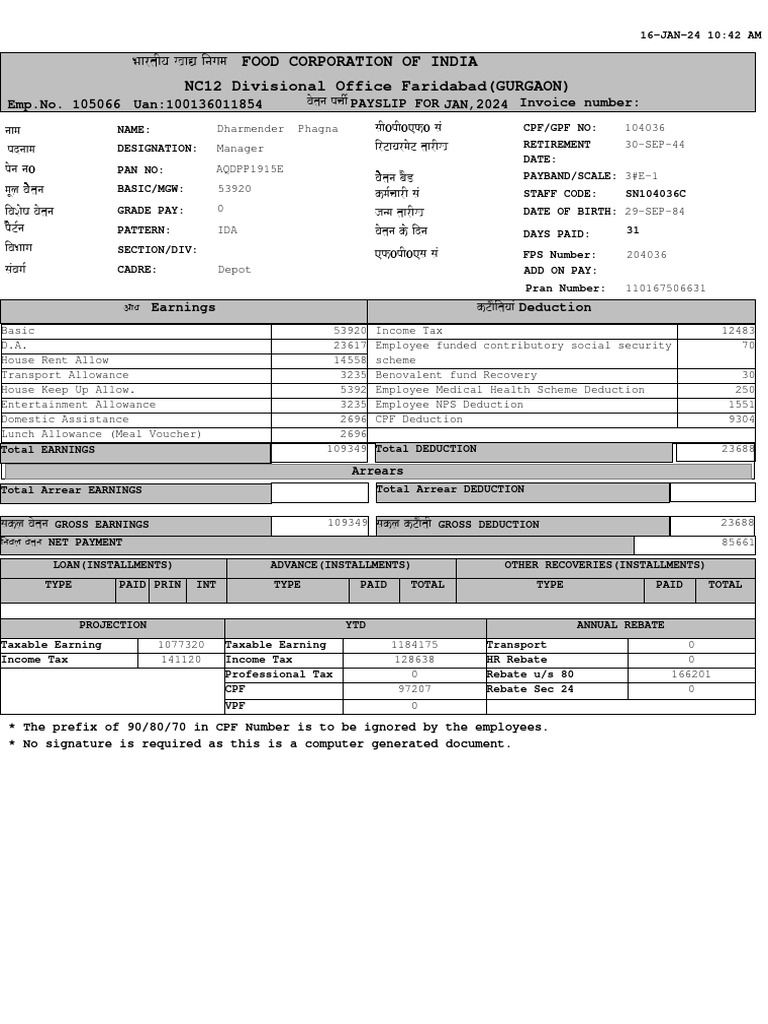 January 2024 Employee Payslips Summary | PDF