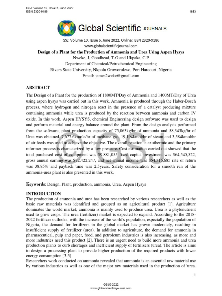 Design Of A Plant For The Production Of Ammonia And Urea Using Aspen Hysys Download Free Pdf