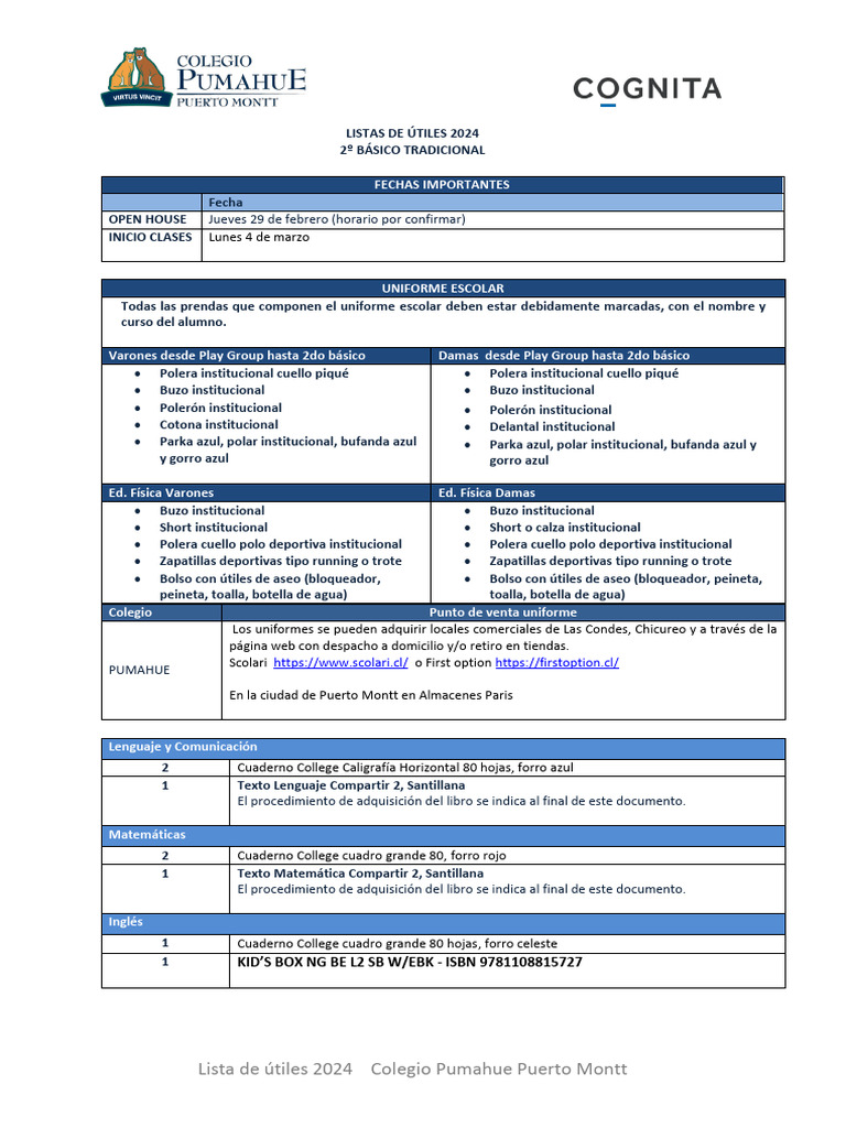 Lista de Utiles 2o Basico 2024 Tradicional - 240105 - 125215 | PDF ...