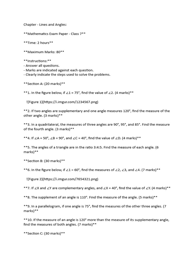 Class 7 Math Exam: Lines and Angles | PDF | Triangle | Angle