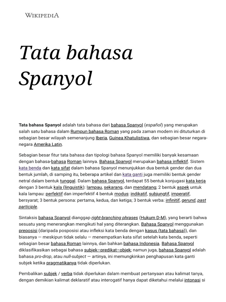 Tata Bahasa Spanyol - Wikipedia Bahasa Indonesia, Ensiklopedia Bebas | PDF