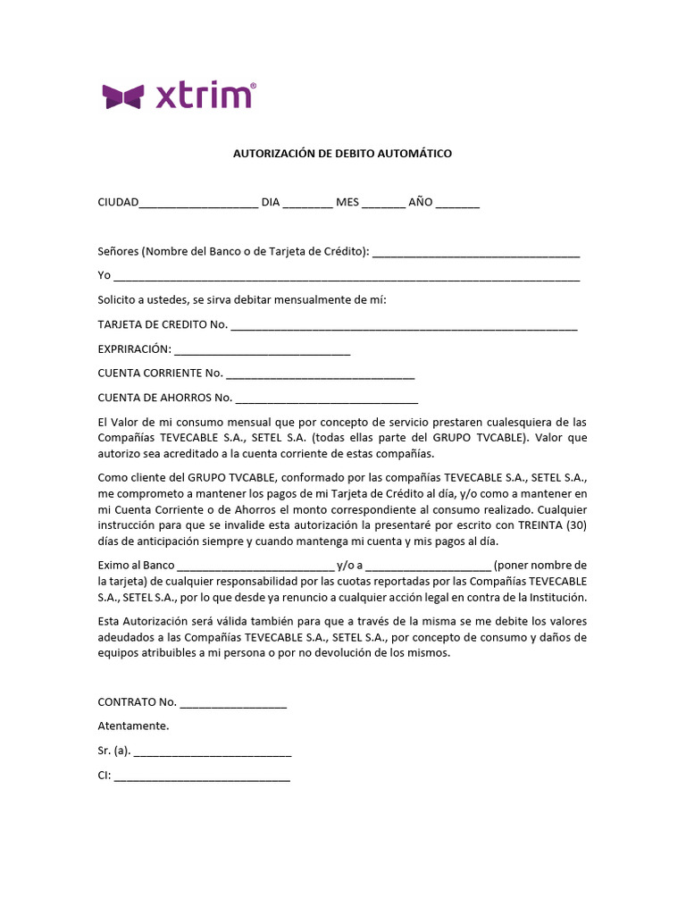 Autorizacion de Debito Automatico Xtrim | PDF