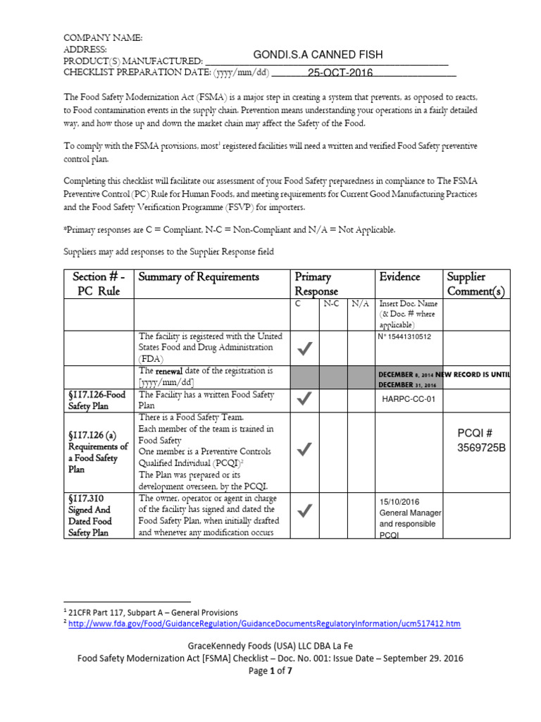 CheckList Food Safety Modernization Act PCQI DE GONDI.S.A #3569725B ...