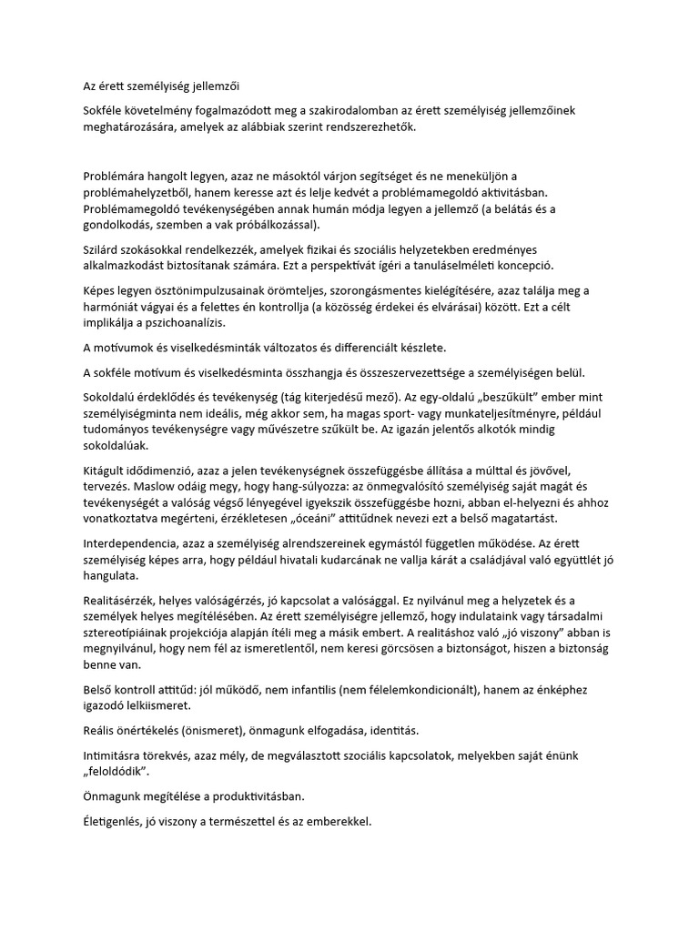 Az Erett Szemelyiseg Jellemzoi | PDF