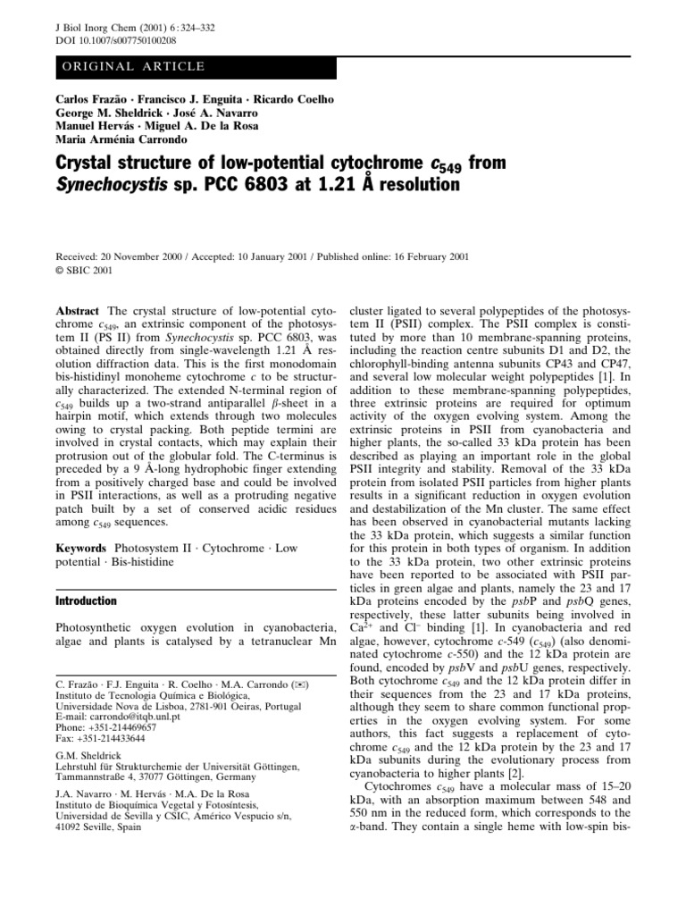 C Synechocystis: Crystal Structure of Low-Potential Cytochrome From Sp ...