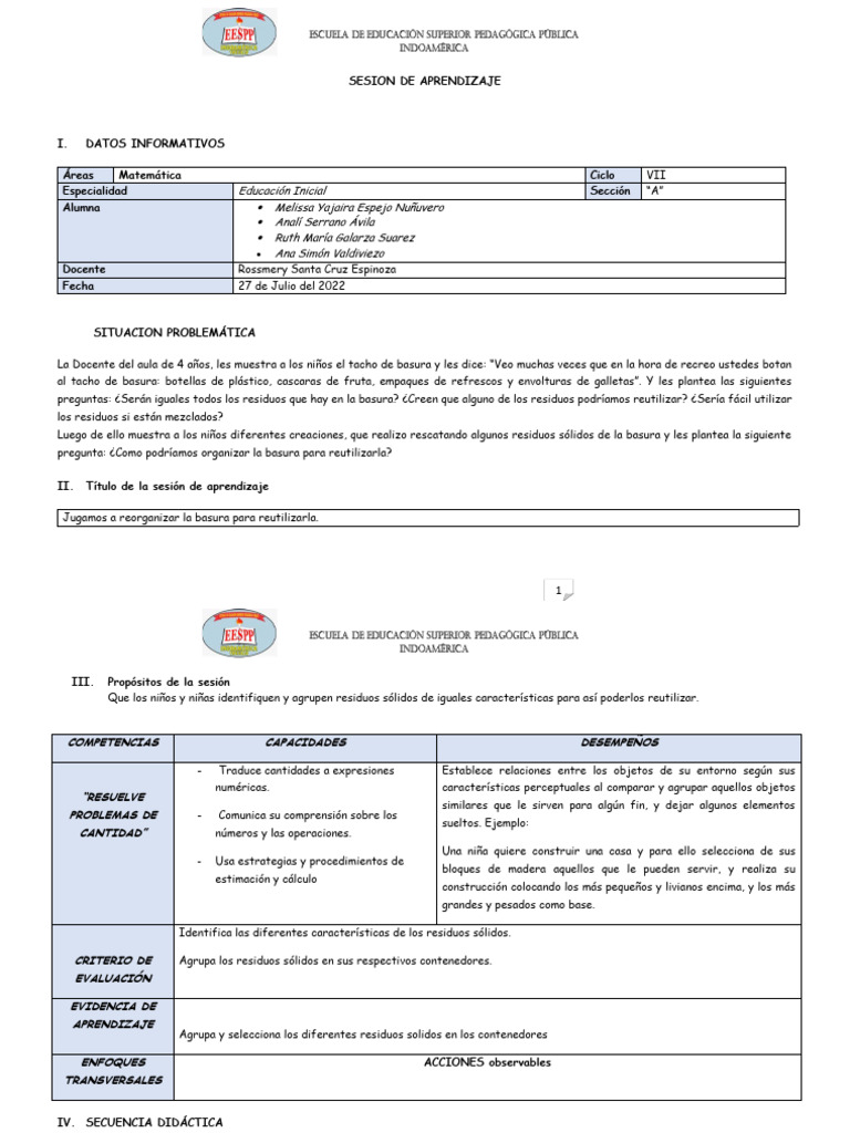 Formato Sesion de Aprendizaje Inicial | PDF | Residuos | Evaluación