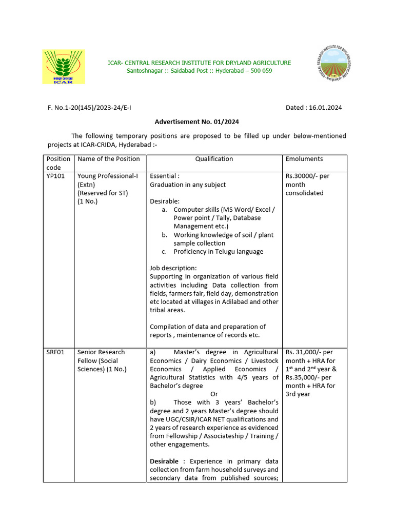 Advertisement Notice 01 of 2024 | PDF | Master Of Science | Plant Breeding