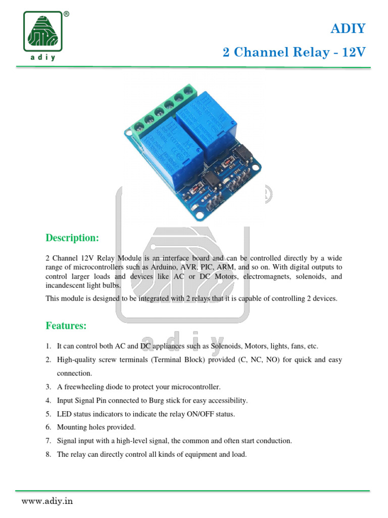 2 Channel Relay Board-12V - Datasheet | PDF | Relay | Switch