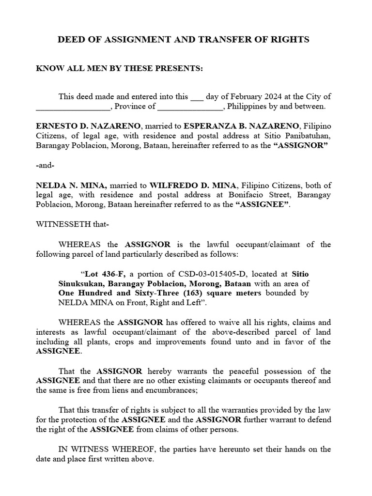 Deed of Assignmet and Transfer of Rights | PDF | Assignment (Law) | Law ...