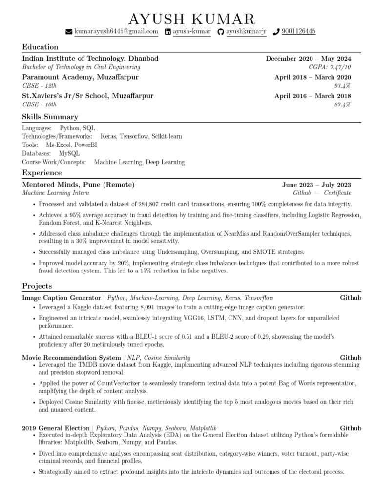 Ayush - Kumar - Resume (2) - Ayush Kumar | Download Free PDF | Machine Learning | Deep Learning