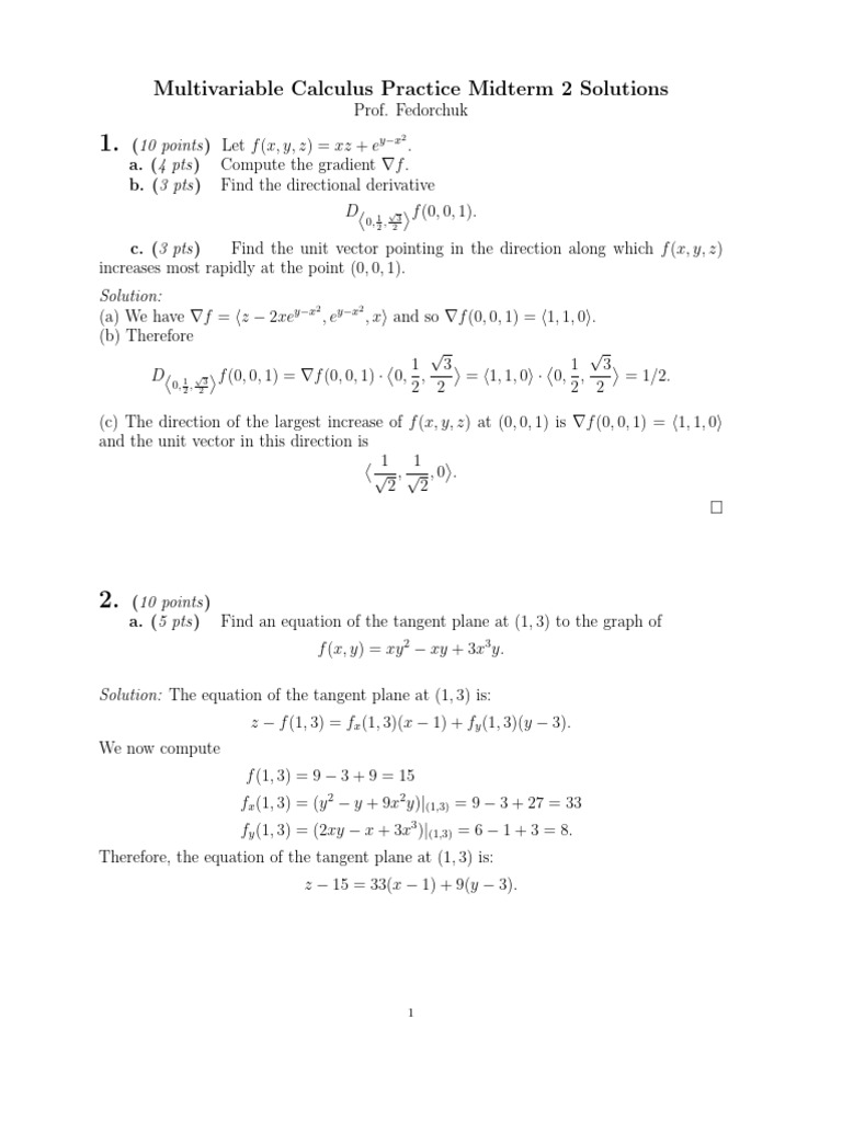 Multivariable Calculus Practice Midterm 2 Solutions Prof. Fedorchuk | PDF | Tangent ...