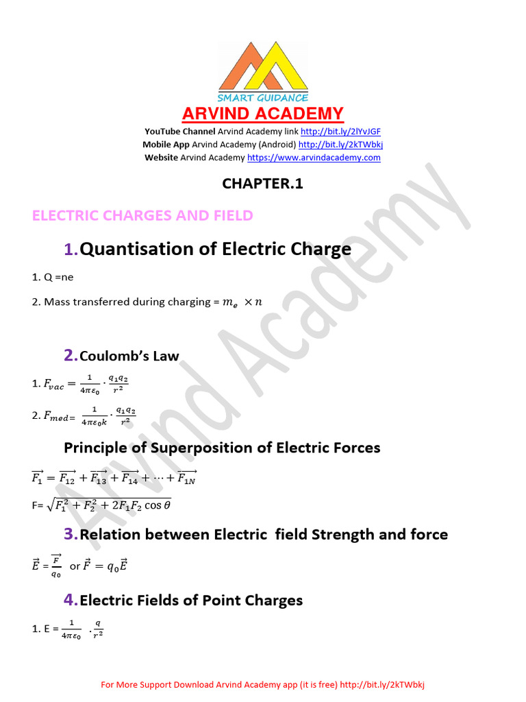 Chap 01 ELECTRIC CHARGES AND FEILD (Formula Sheet ...