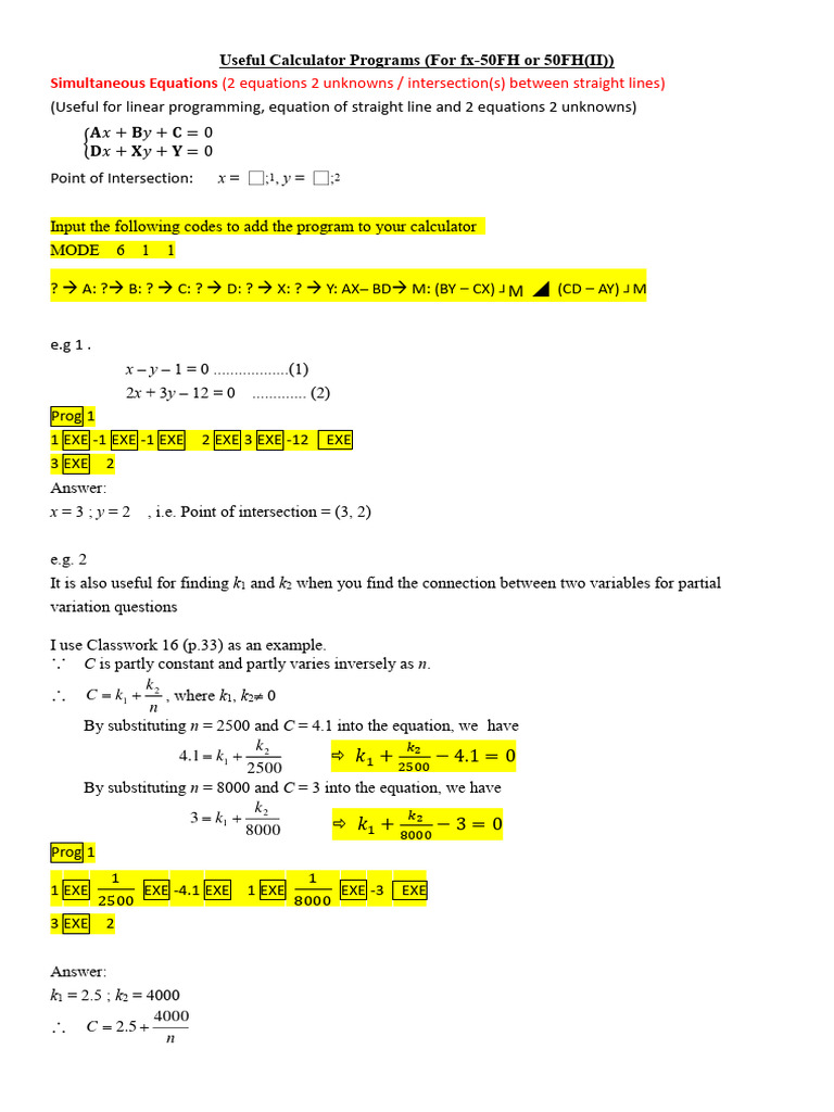 HKDSE Useful Cal Program Simultaneous Equations | PDF