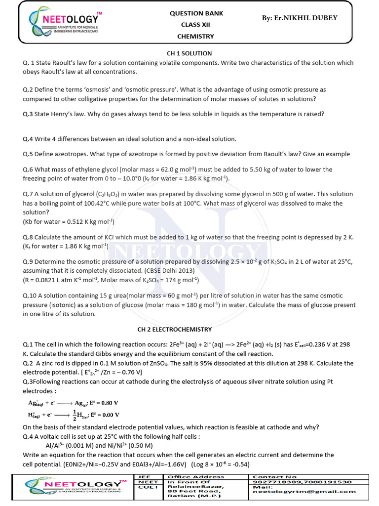 IMP Question Bank Class XII | PDF | Acid | Materials