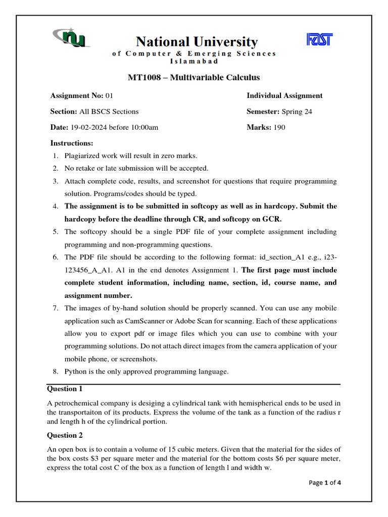 MT1008 BSCS S24 Assignment 1 | PDF | Function (Mathematics ...