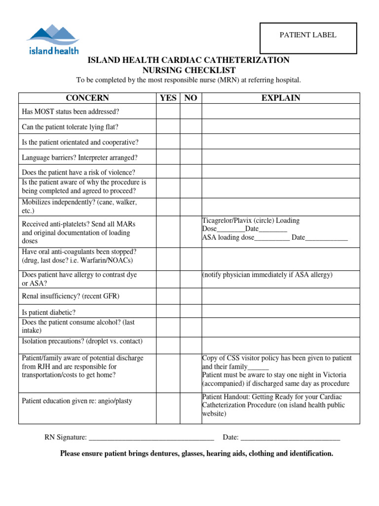 Cardiac Cath Lab Nursing Checklist | PDF