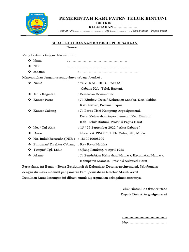 KBP Domisili Bintuni | PDF