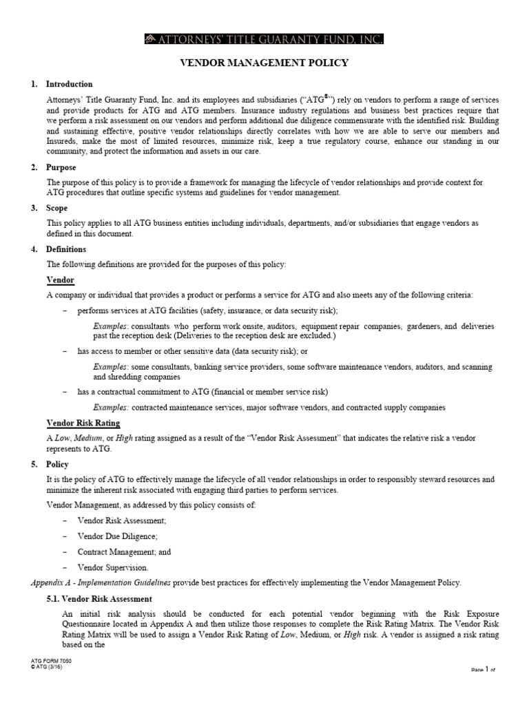 Vendor Management Policy | PDF | Risk | Due Diligence