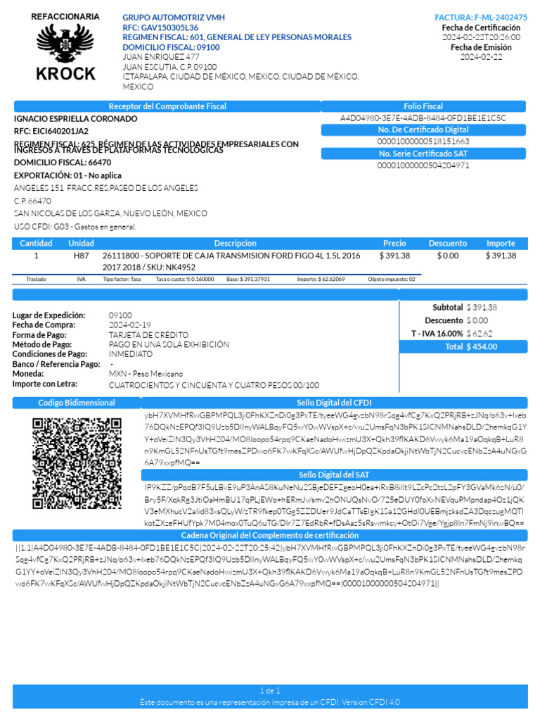 1 de 1 Este Documento Es Una Representación Impresa de Un CFDI. Version ...