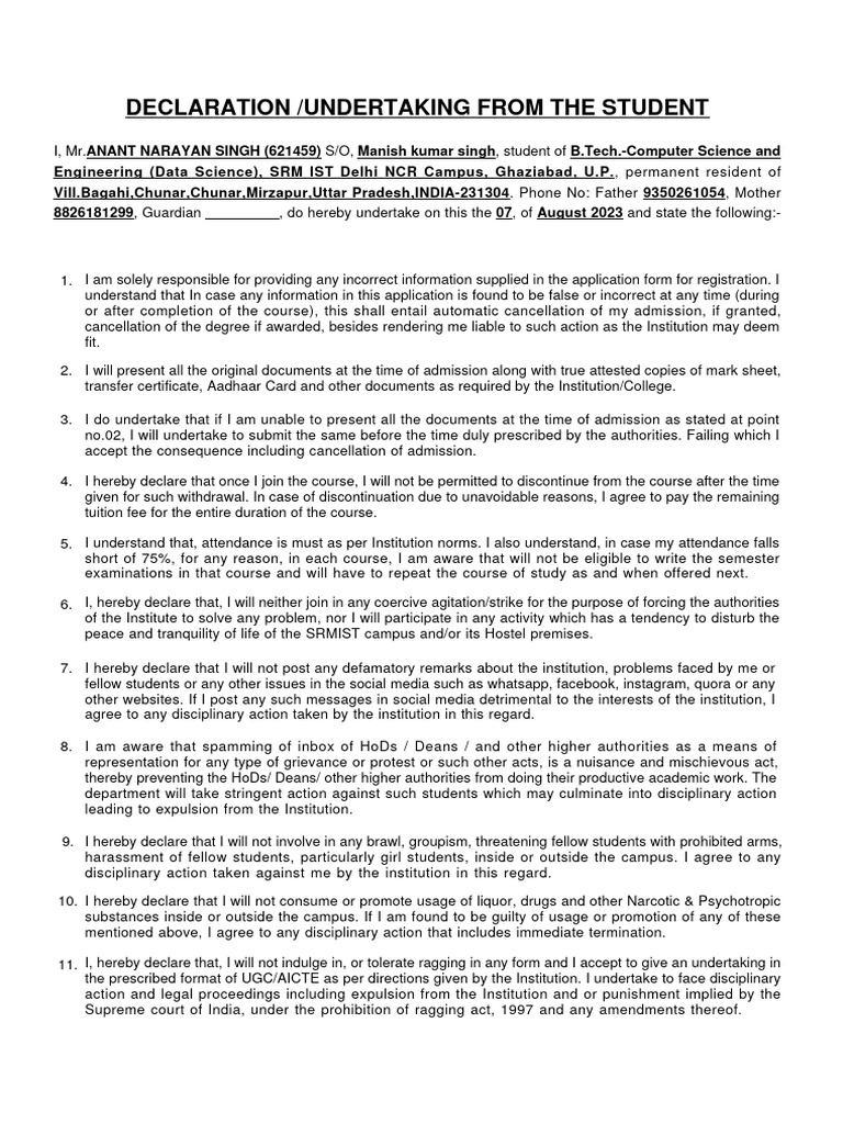 Student Undertaking and Disciplinary Agreement | PDF | Government | Justice